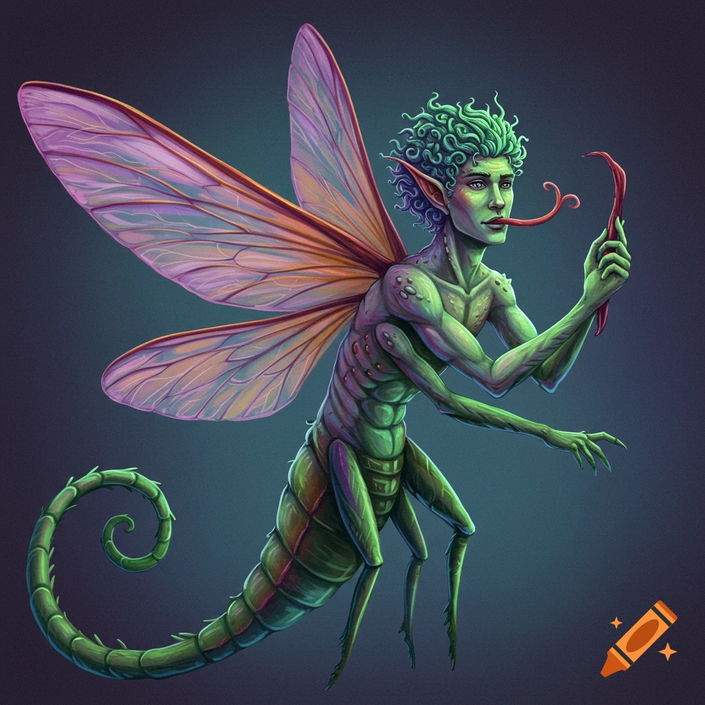 Green, blue, and purple alien herbivore with wings and antennae on Craiyon