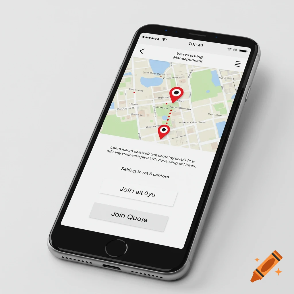 Smartphone showing queue management app with map and wait time on Craiyon