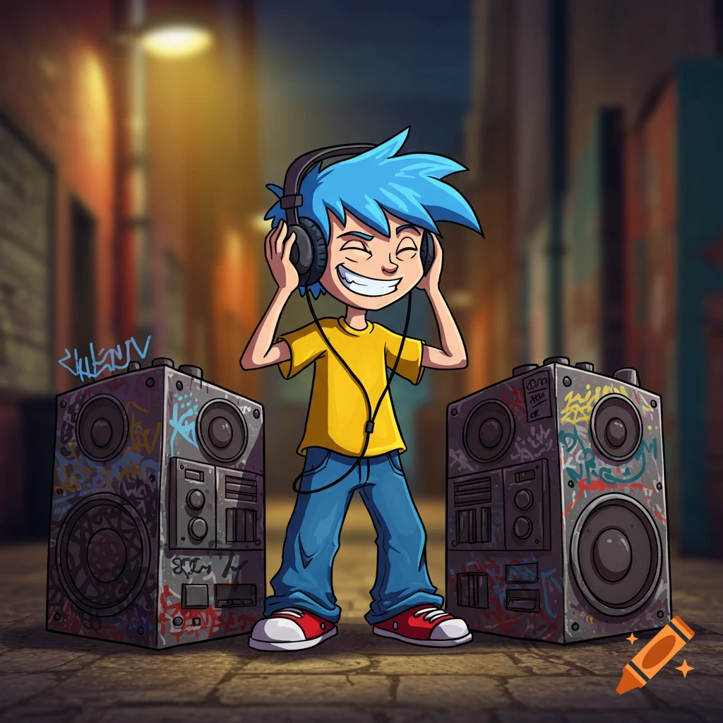 Cartoon boy with blue hair listening to music with headphones between ...