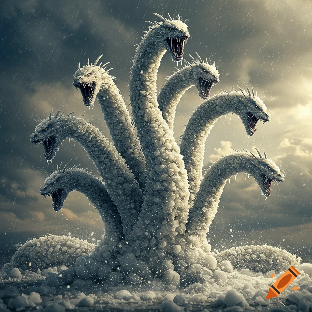 Giant multi-headed hydra creature made of hail in a stormy sky with ...