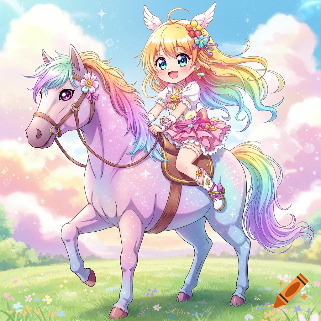 Cute anime elf girl with pink hair and a flower crown wearing a rainbow ...