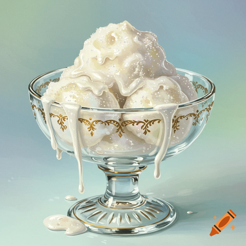 Sparkling white ice cream dessert in glass dish on Craiyon