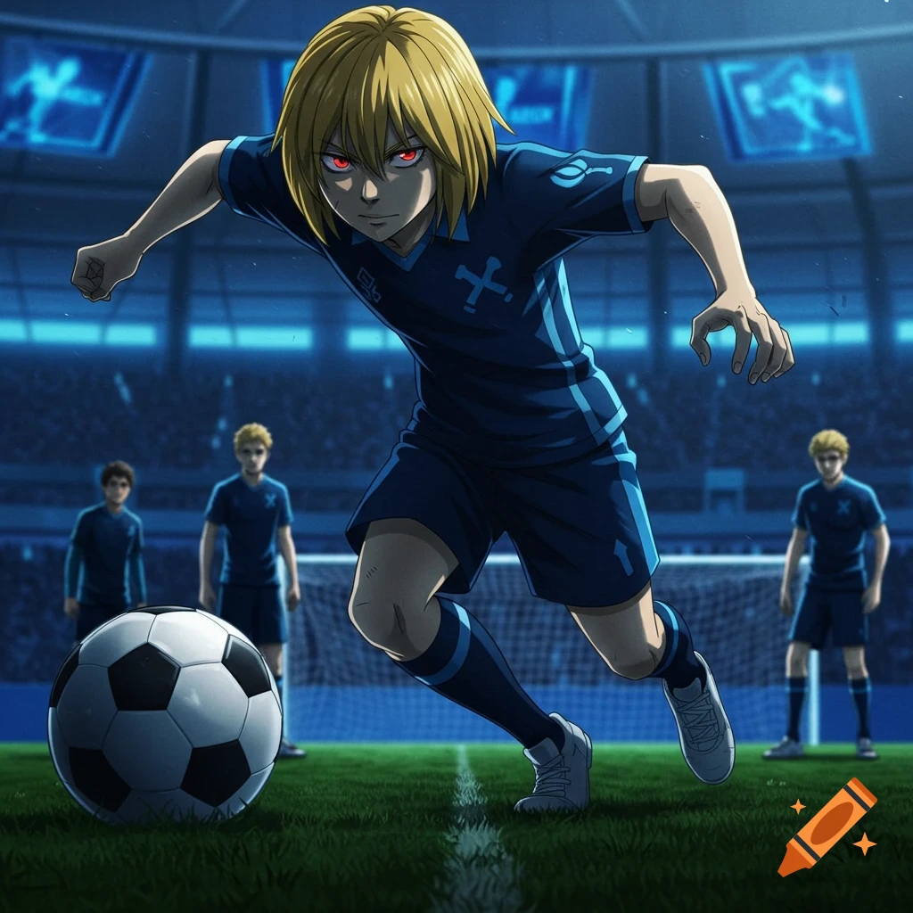 An anime boy with blonde hair kicks a soccer ball in a stadium. on Craiyon