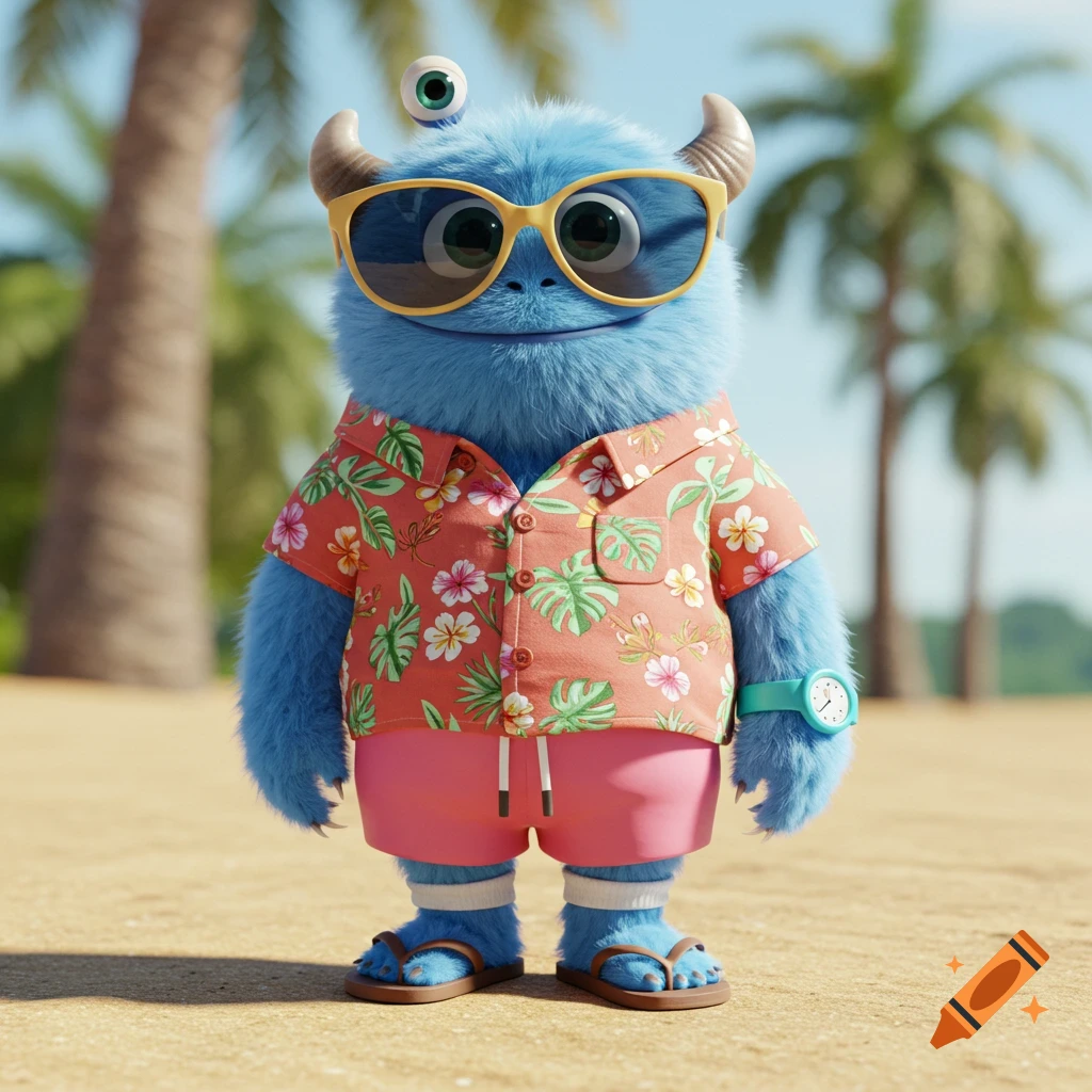 Cute blue monster wearing Hawaiian shirt and flip flops on Craiyon