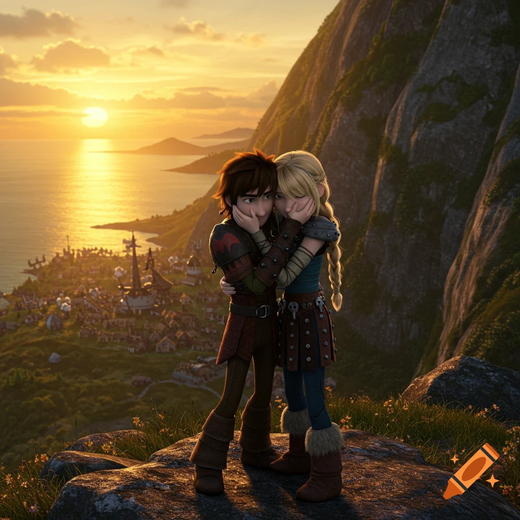 Hiccup and Astrid embrace on a mountain overlooking a village at sunset ...