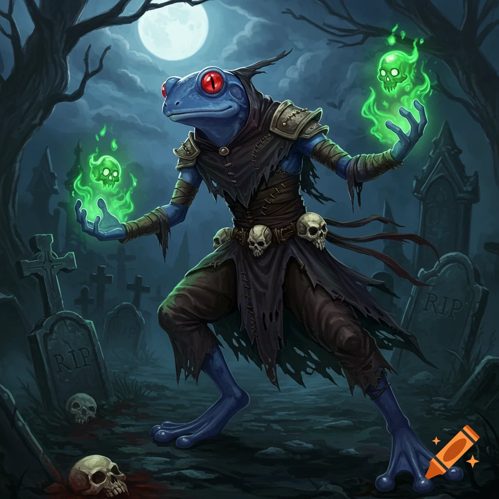 Blue frog with red eyes, humanoid necromancer dhamphir on Craiyon