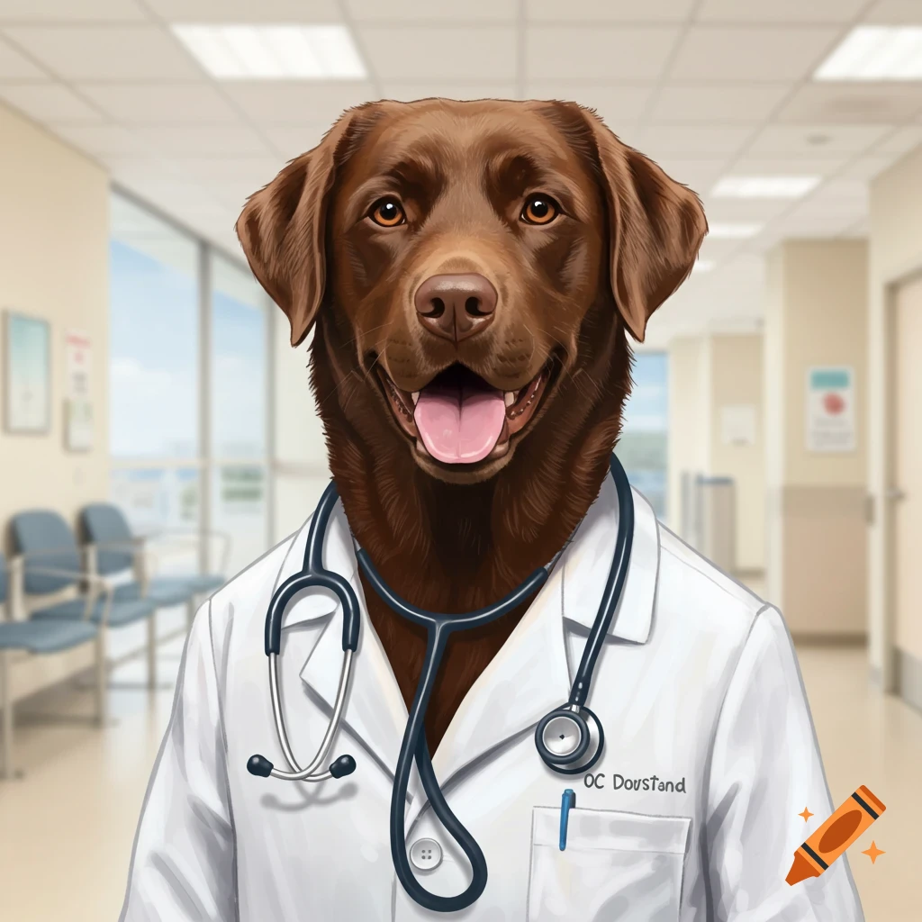 A chocolate labrador wears a white doctor's coat and stethoscope in a ...