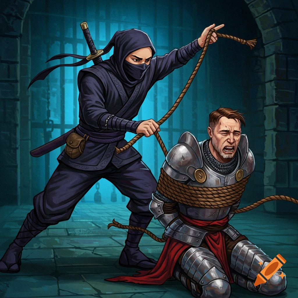 A ninja is tying up a knight with rope in a dungeon. on Craiyon