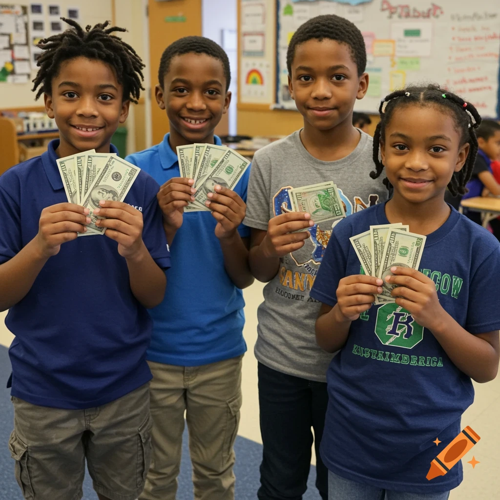 Four African American middle school students holding money they earned ...