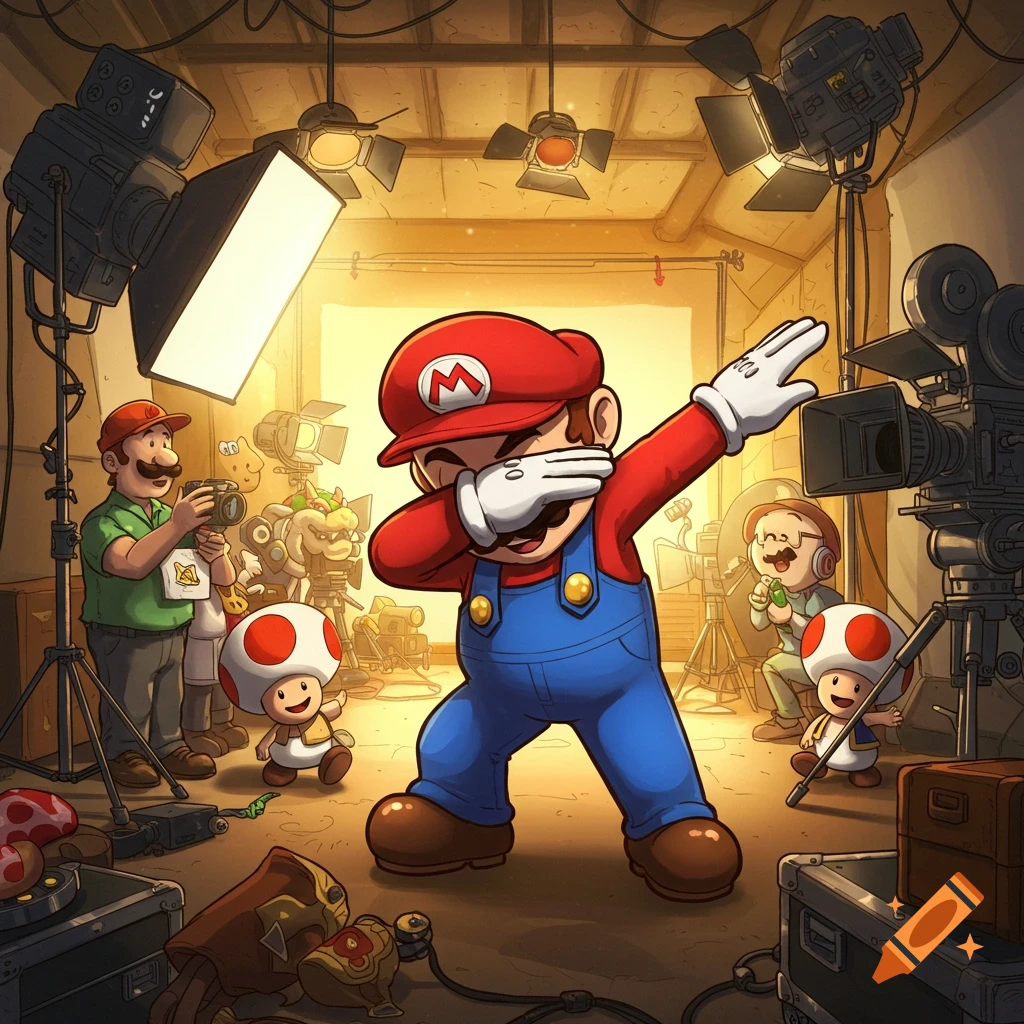 Cartoon of Mario dabbing in a film studio with other characters and ...