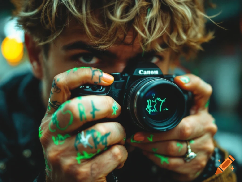 Celebrity signing camera lens with green marker, lens perspective on ...