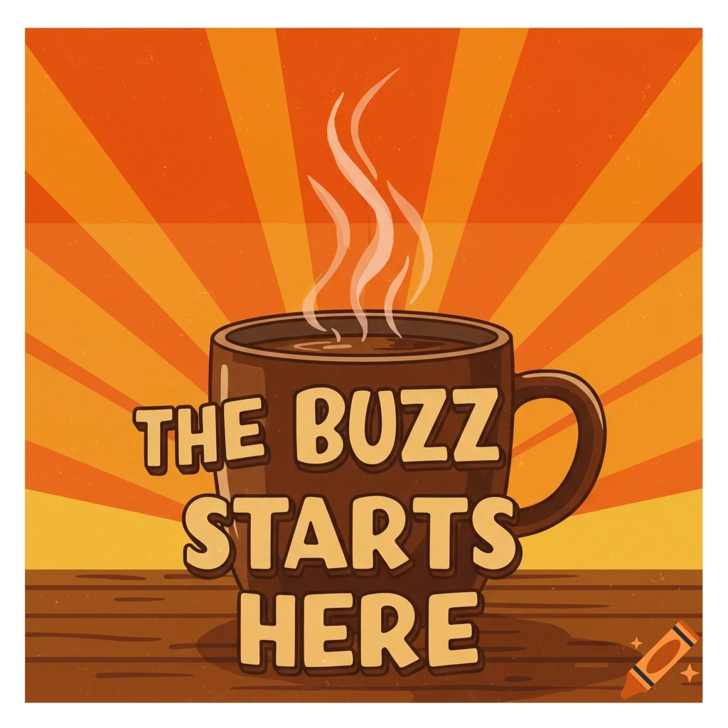 The Buzz Starts Here coffee shop logo with mug, steam, and sunrise on ...