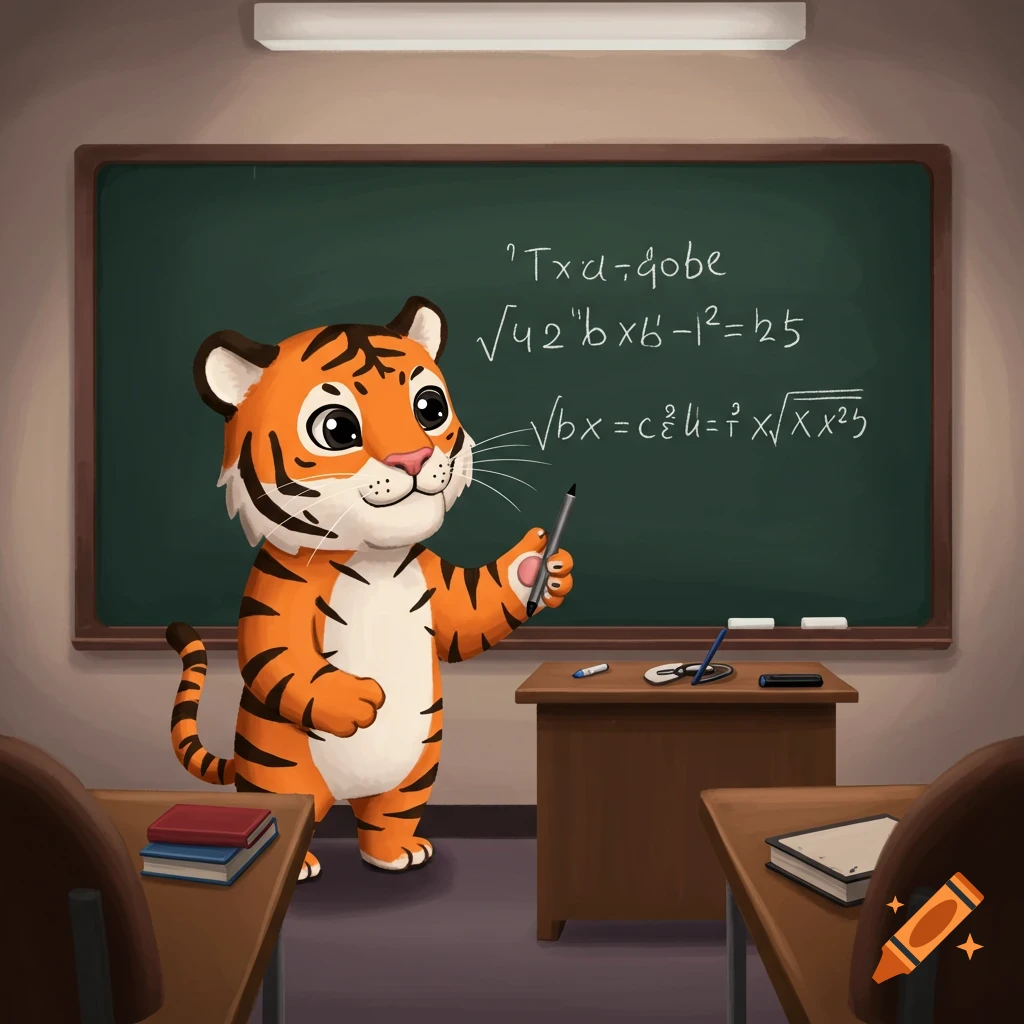 A cute cartoon tiger teaches calculus at a blackboard in a classroom. on Craiyon