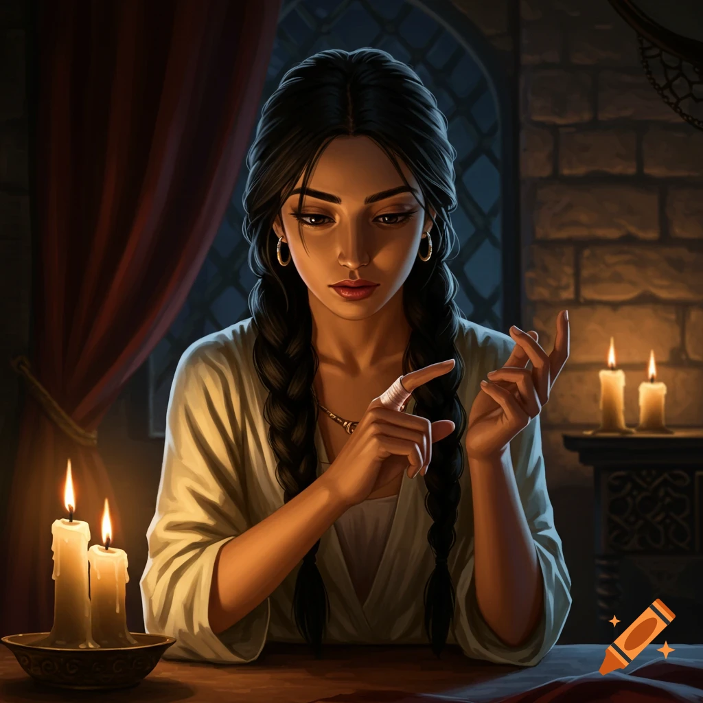 Arab woman with long black braid and missing finger in candlelit inn ...
