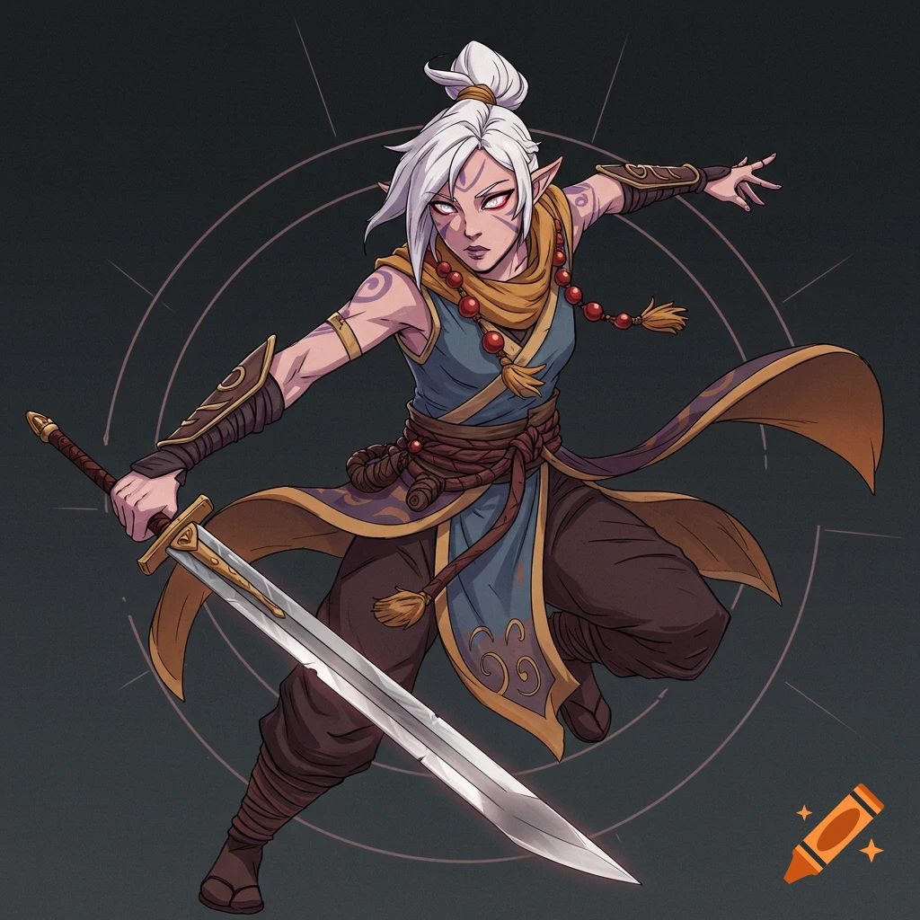Anime illustration of a warrior-monk with elf ears, white hair, and a ...