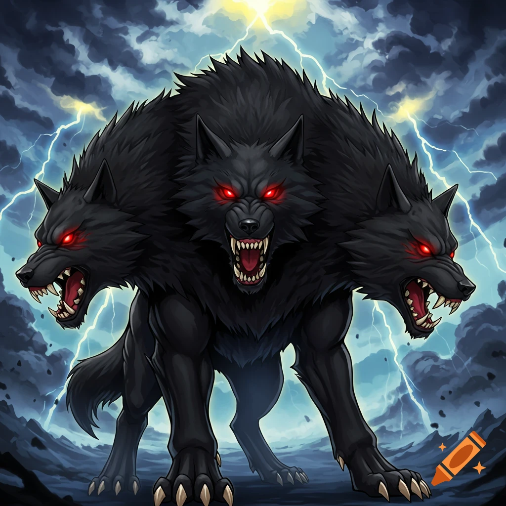 A three-headed black wolf with red eyes stands in a stormy landscape ...