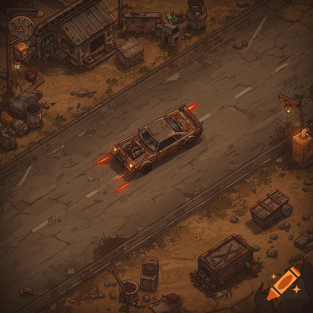 Top-down view of a game asset car in a post-apocalyptic Gaslands theme ...