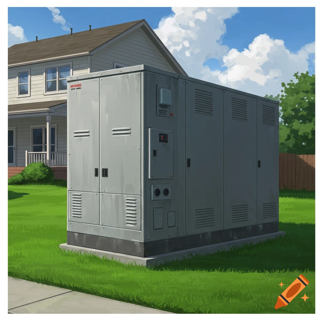 A large backup generator sits on a concrete pad next to a house in a ...