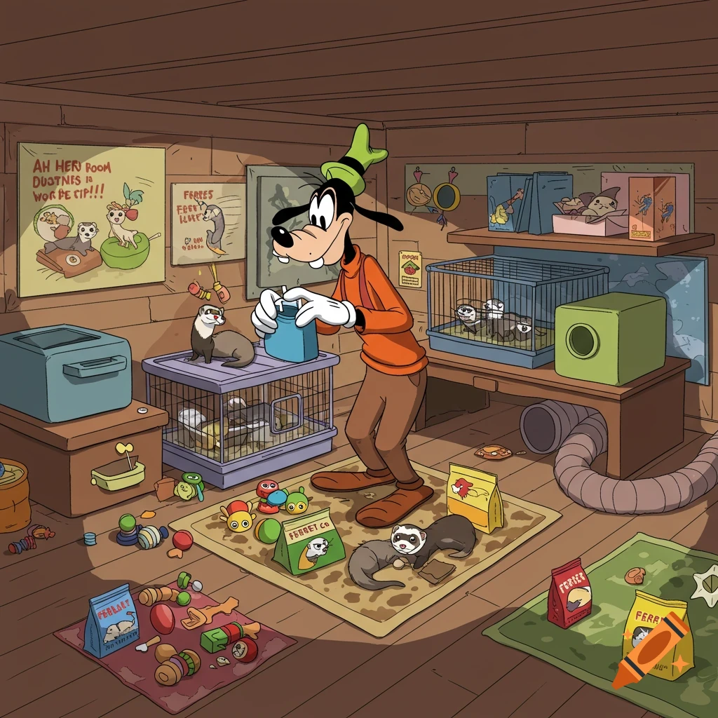 Goofy tending to his ferrets in a ferret room with toys and a tunnel on ...