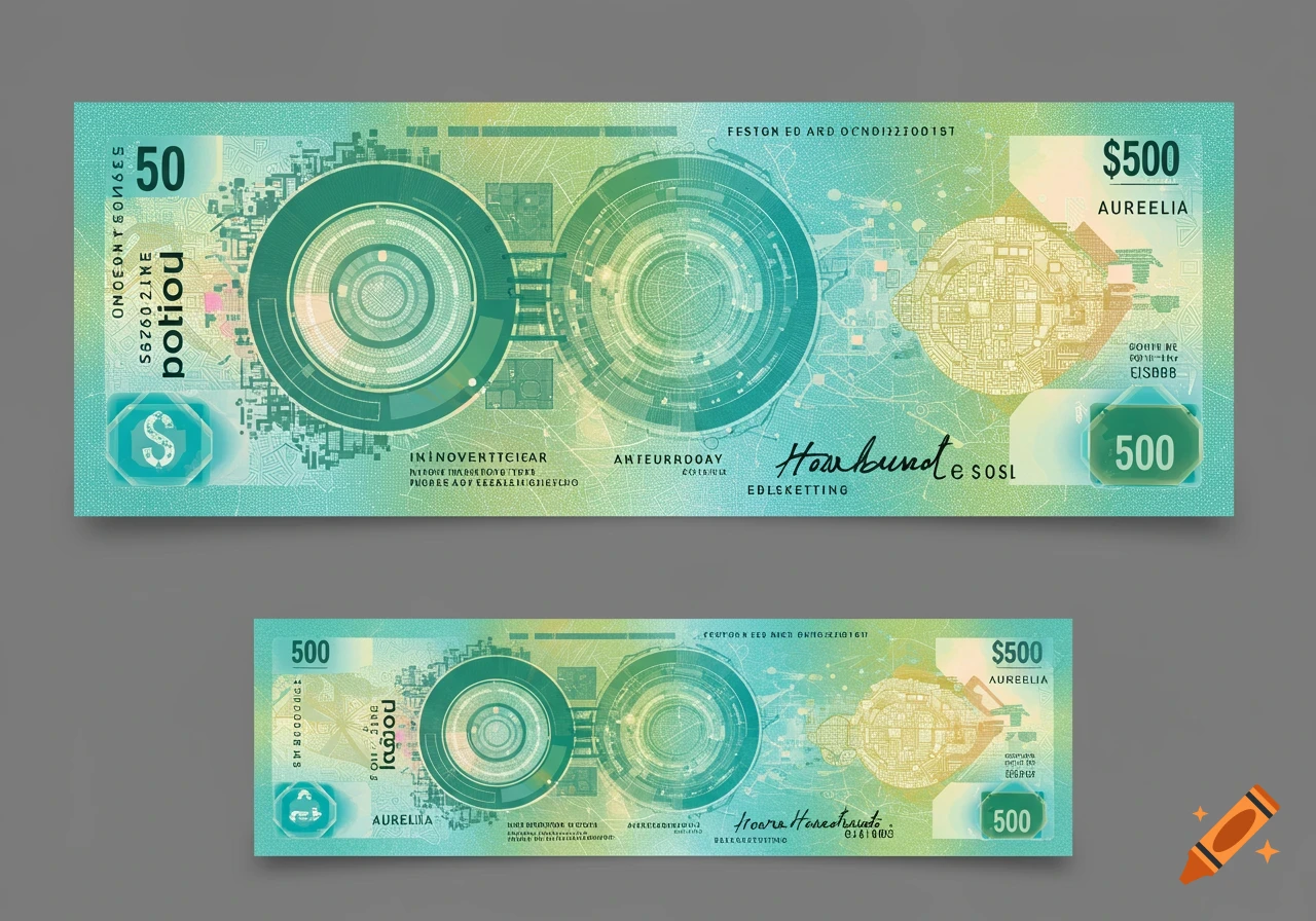 Futuristic banknote design featuring aqua green, light blue, and ...