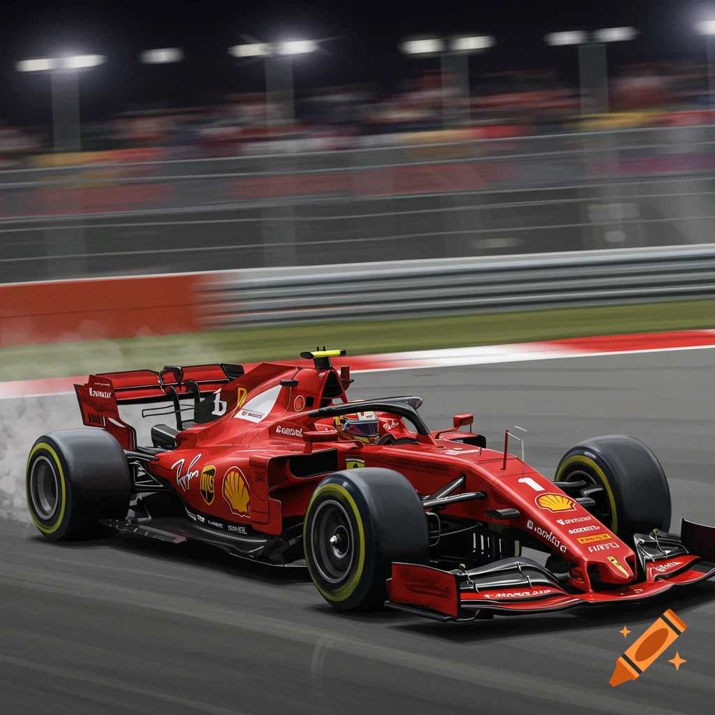 A red Formula 1 race car speeds on a track at night. on Craiyon