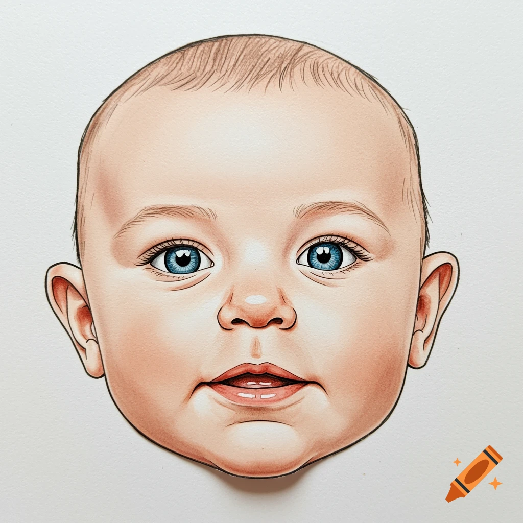 Paper drawing of a baby with round chin, almond eyes, wavy hair. on Craiyon