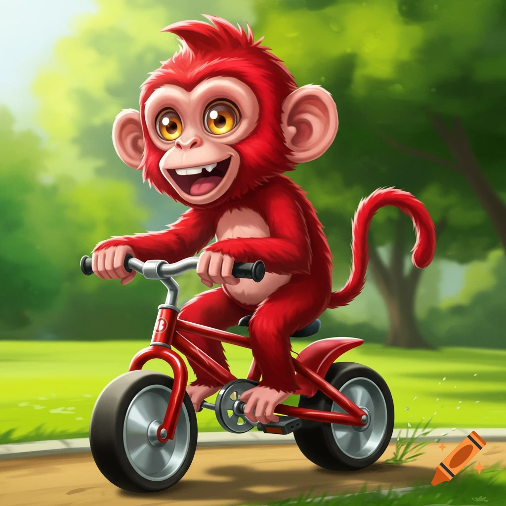 A happy red cartoon monkey riding a red bike in a park. on Craiyon