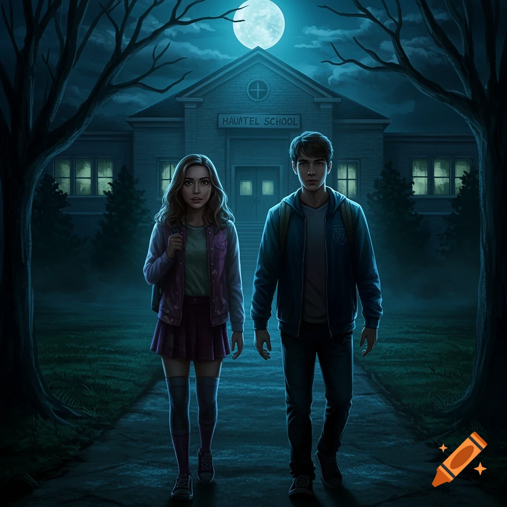 Teen girl and boy walking toward a haunted school at night on Craiyon