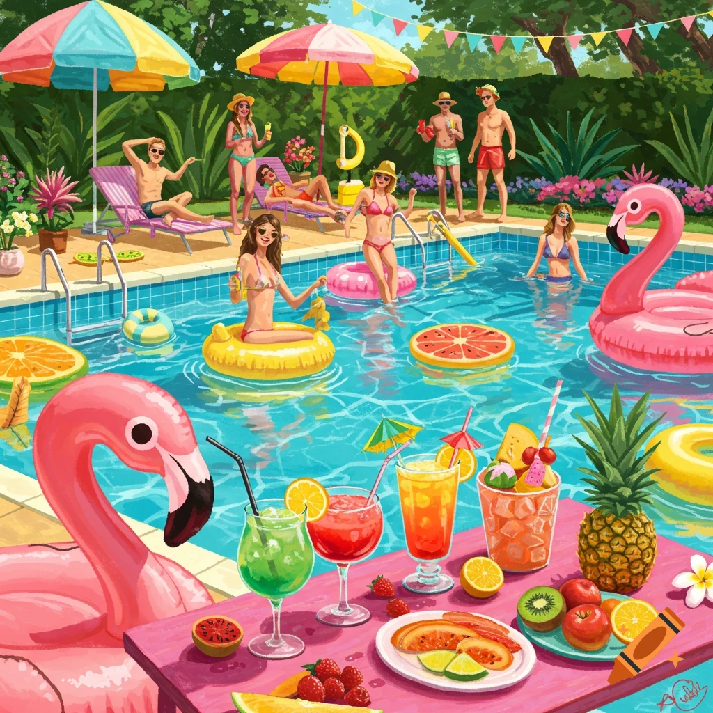 Outdoor pool party with fruity theme on a sunny day on Craiyon