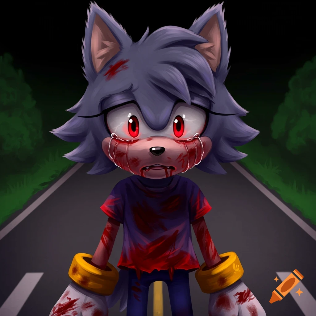 Hurt Wolf Mobian in the middle of the road with red blood tears on Craiyon