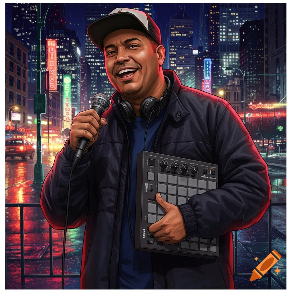 Puerto Rican man with baseball cap, microphone, and MPC drum machine in ...
