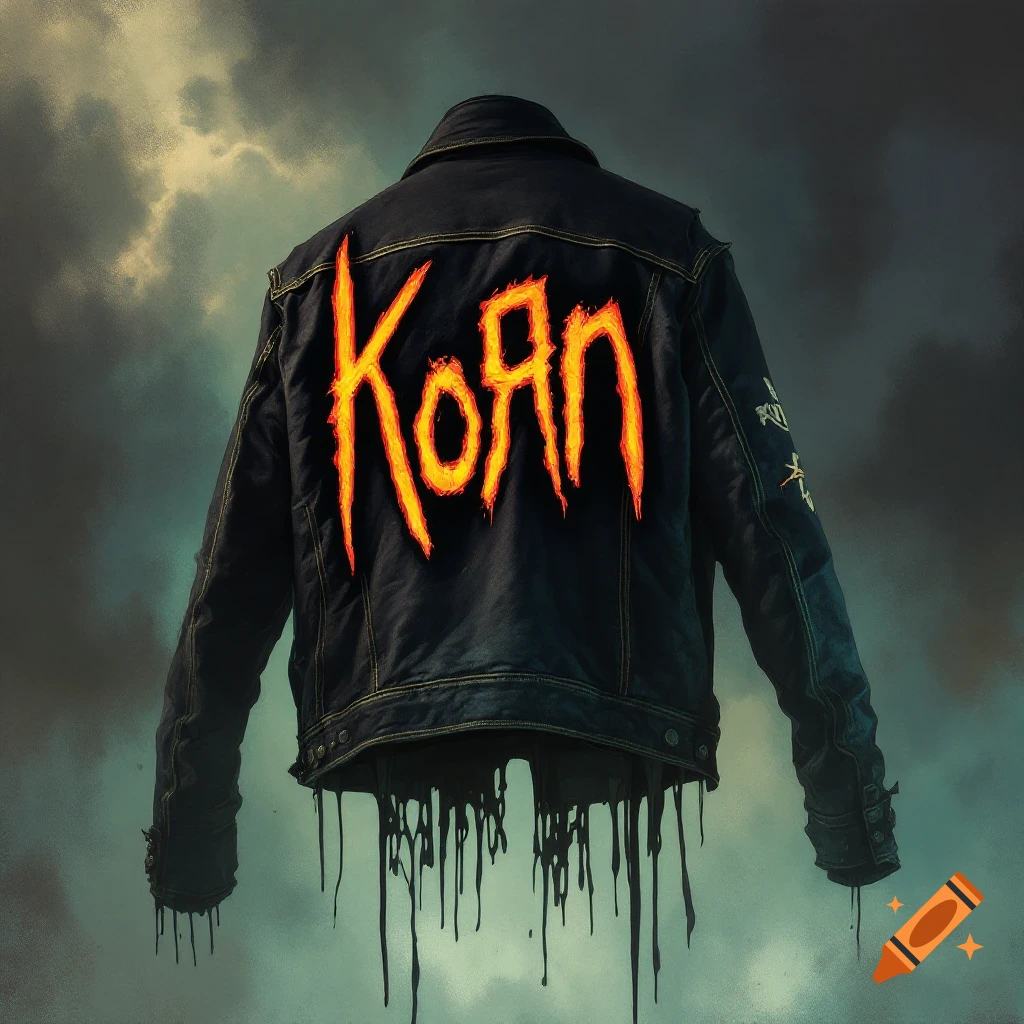 A black denim jacket with a fiery orange Korn logo on the back, hanging ...