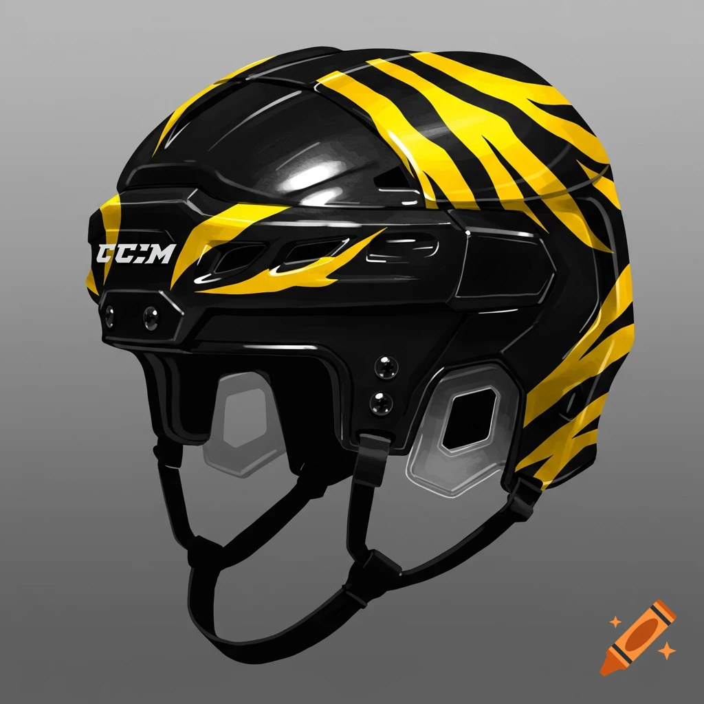Black hockey helmet with yellow tiger stripe decal on Craiyon