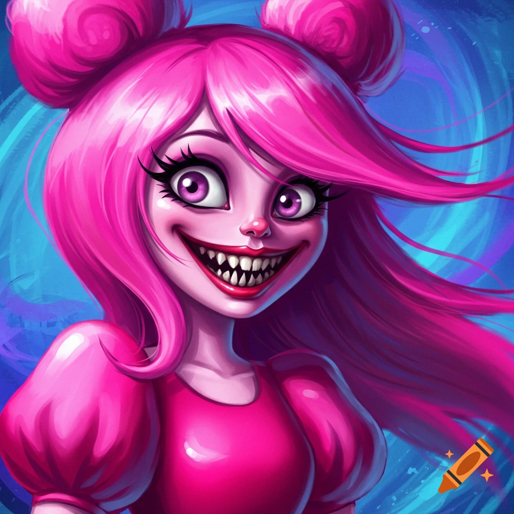 Stylized image of Kissy Missy with pink hair and a wide, toothy smile ...