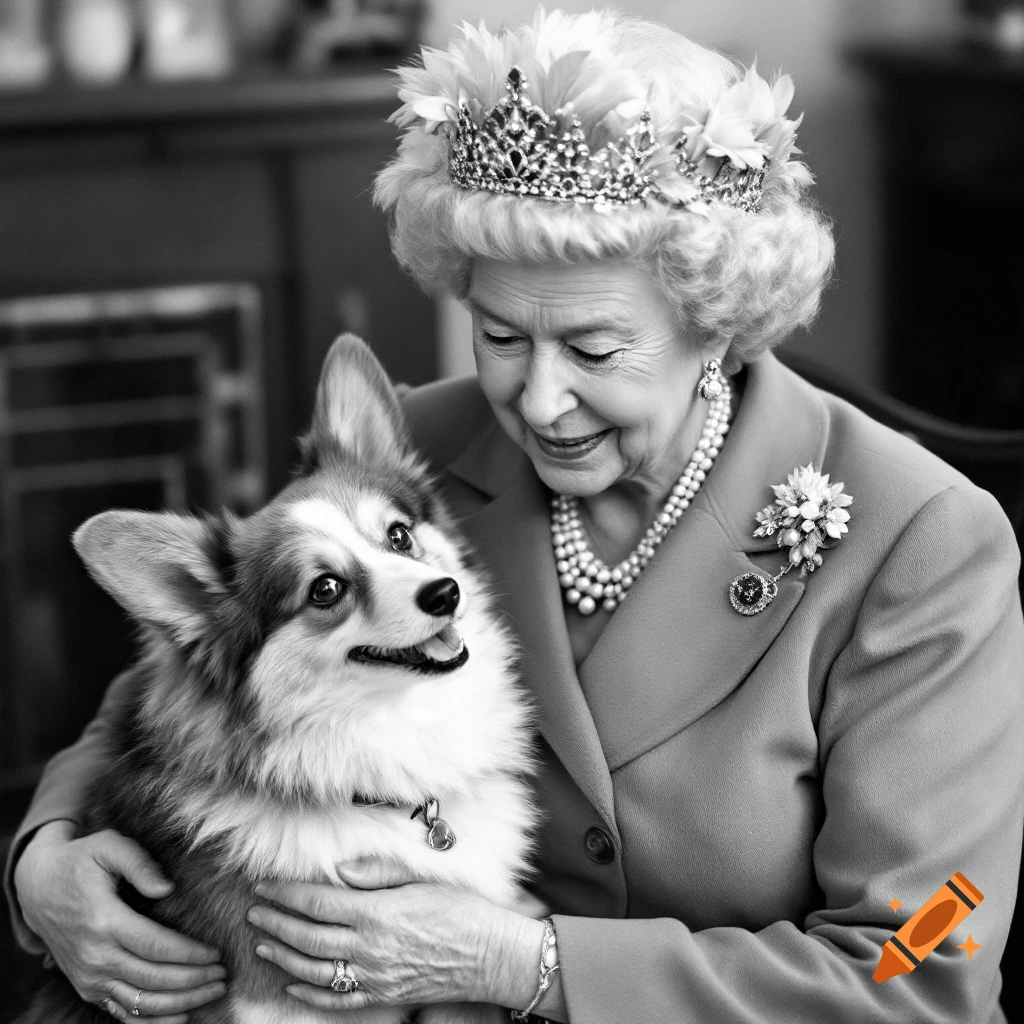 Queen of England with a corgi on Craiyon
