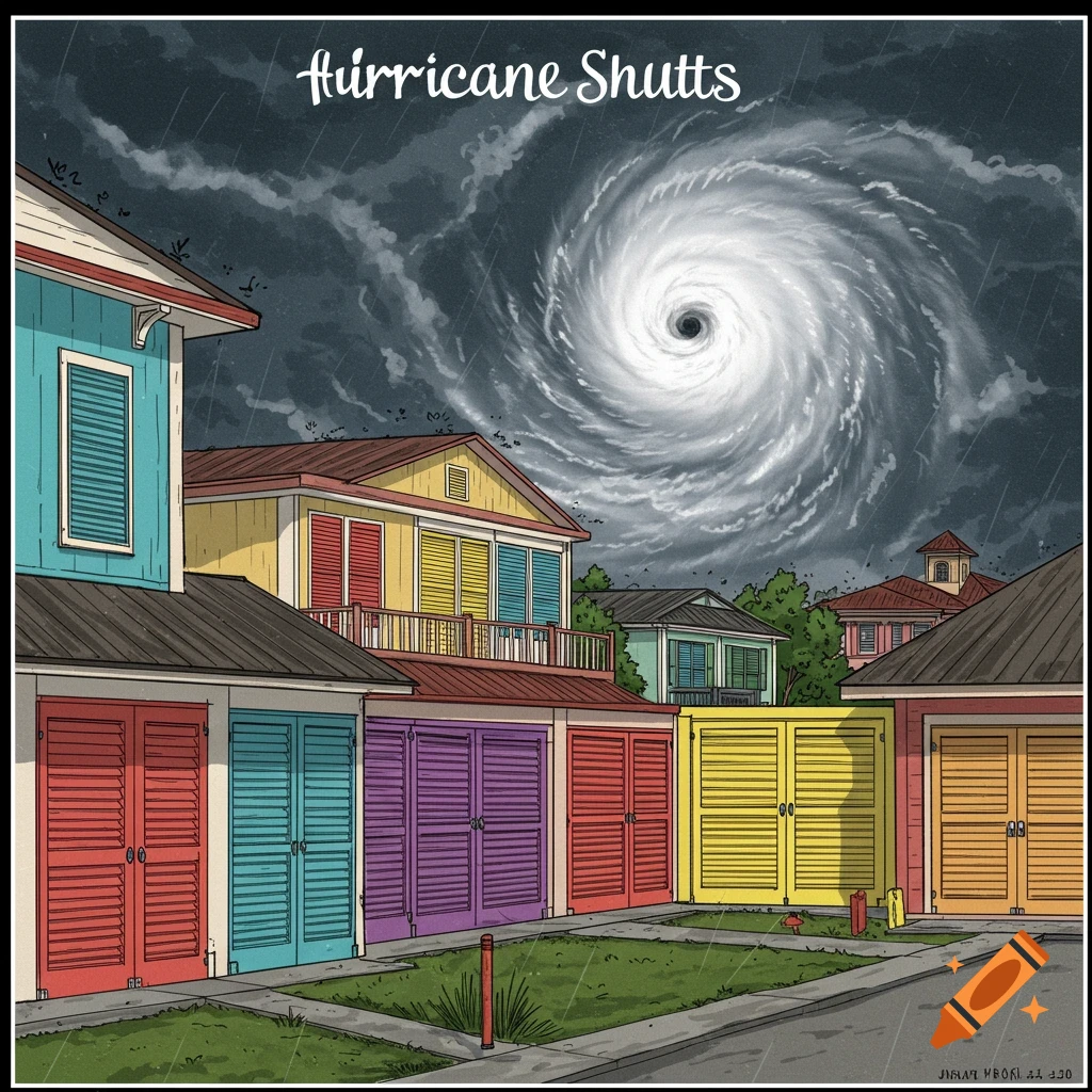 Digital painting of colorful houses and garages under a stormy sky with ...