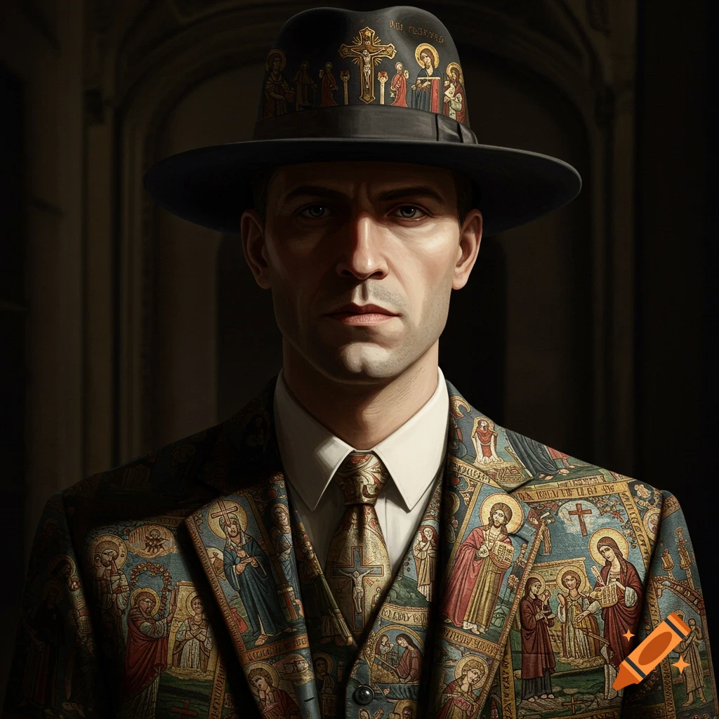 Man in Mob Boss suit covered in Catholic imagery on Craiyon