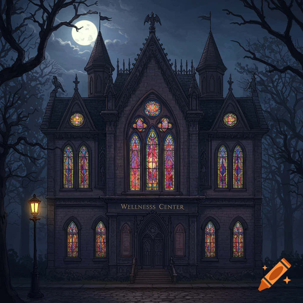 Gothic building with stained glass windows under a full moon at night ...