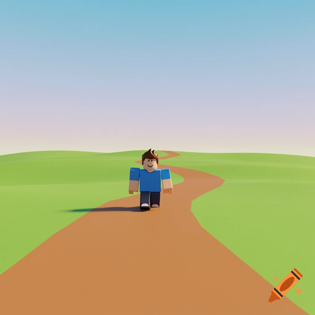 A stylized Roblox character walks on a winding path through a green ...