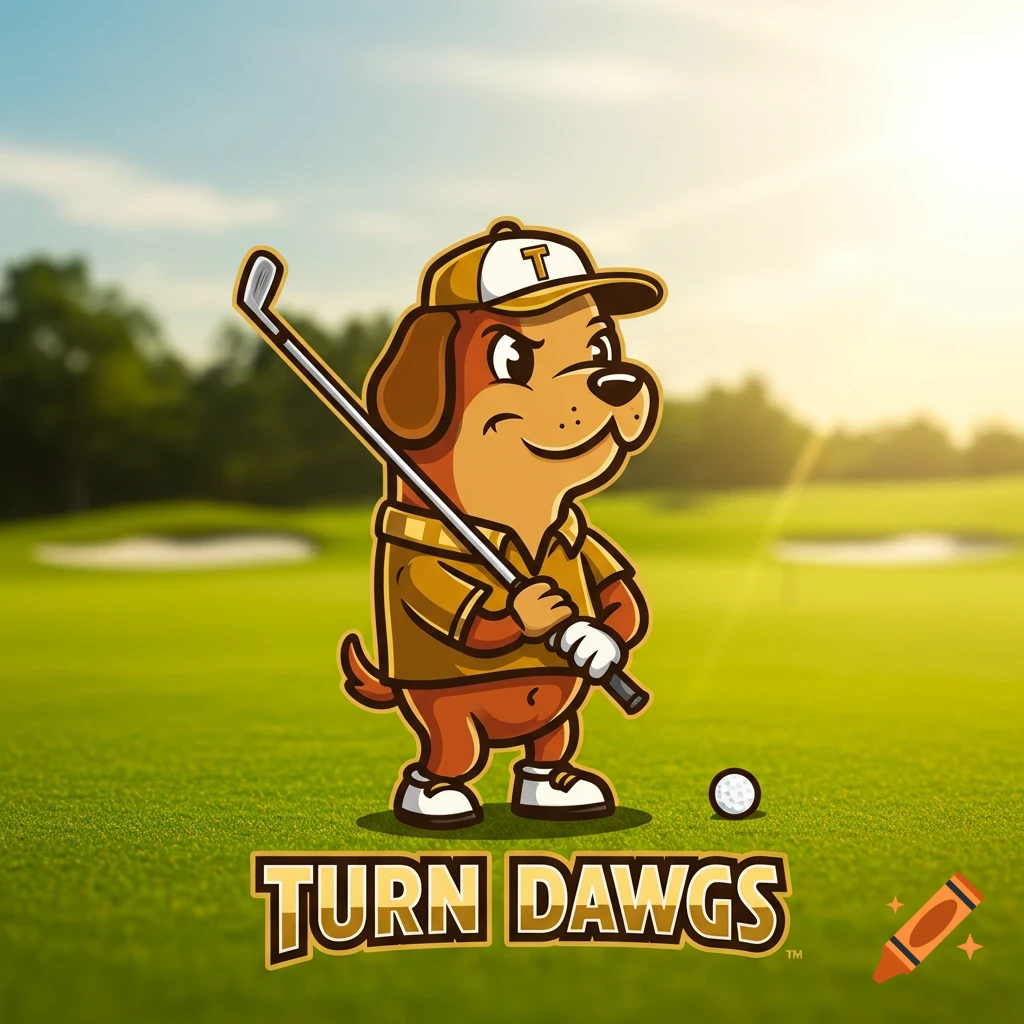 Cartoon dog in golf gear holding a club on a golf course, with 'TURN ...