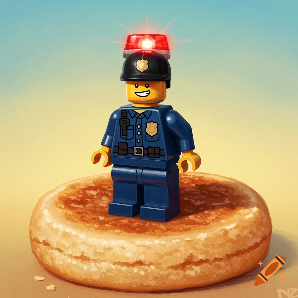 A smiling Lego police officer holds a large bucket of popcorn in a ...