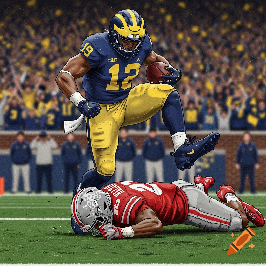 Illustration of a Michigan football player stepping over an Ohio State ...