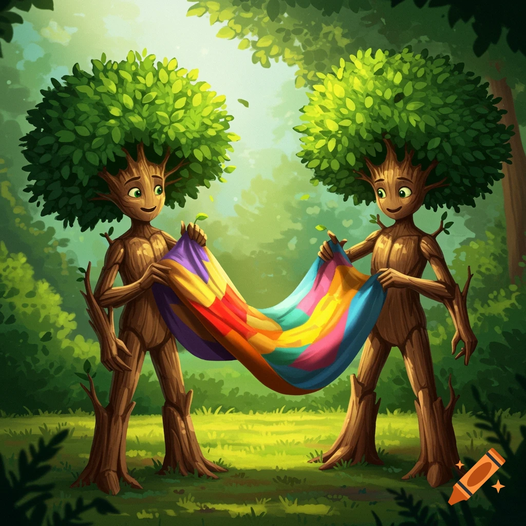 Two cartoon tree creatures hold a rainbow-colored blanket in a sunlit ...