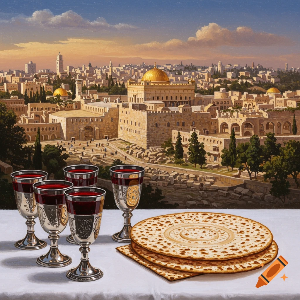 Seder table with silver cups and Matzah, Jerusalem Temple backdrop on ...