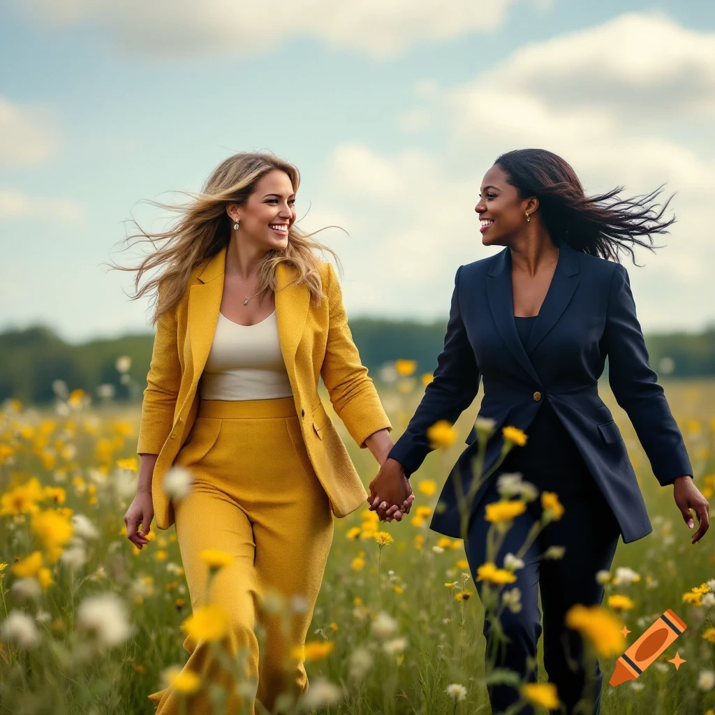 Pam Bondi and Letitia James holding hands in a wildflower meadow on Craiyon