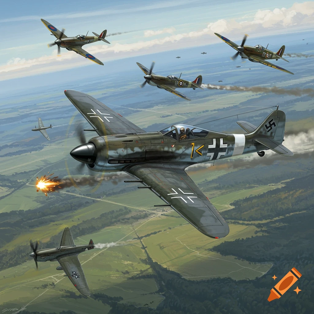 A B-17 bomber flies through heavy flak over a landscape dotted with ...