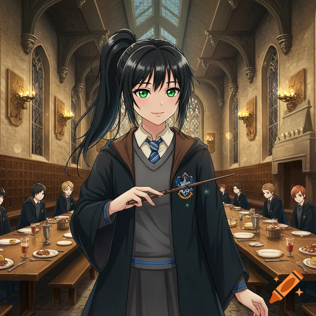 Anime girl in Ravenclaw uniform holding wand on Craiyon