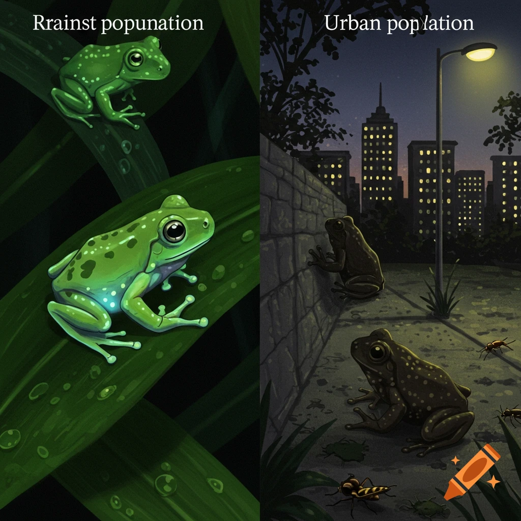 Illustration of rainforest and urban frog populations divided by a ...