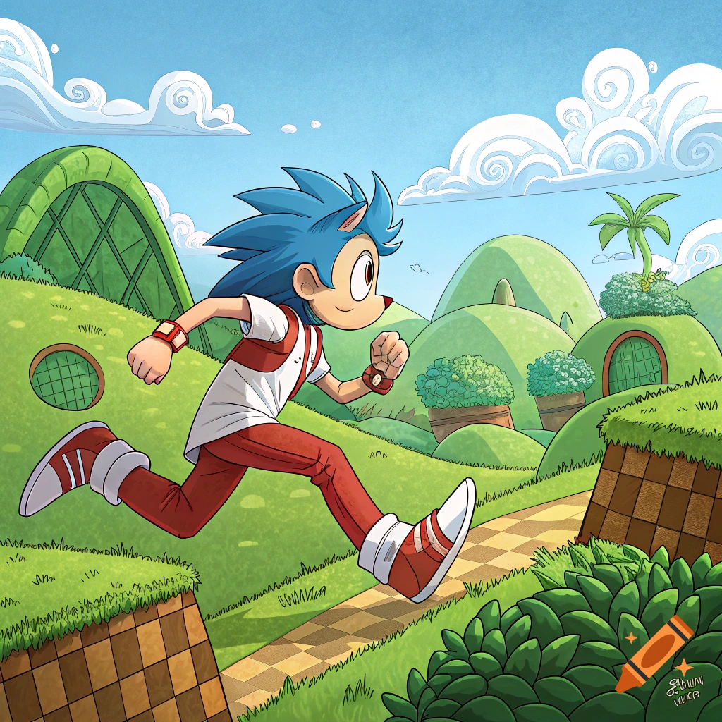 Stylized Sonic-like character runs through Green Hill Zone. on Craiyon