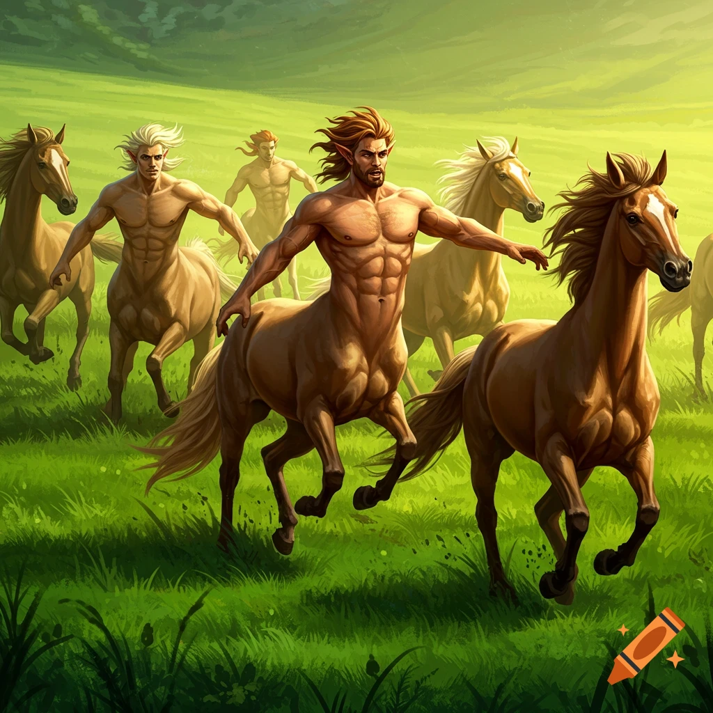 Muscular centaurs are running through a lush green field. on Craiyon